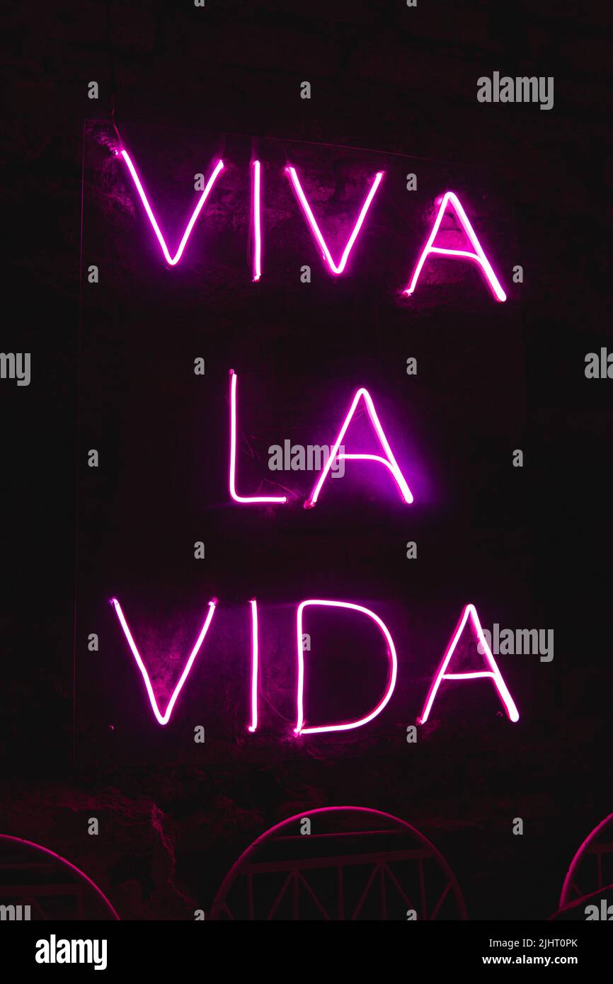 Sign in Spanish with neon light with the text Viva la Vida. Neon lights ...