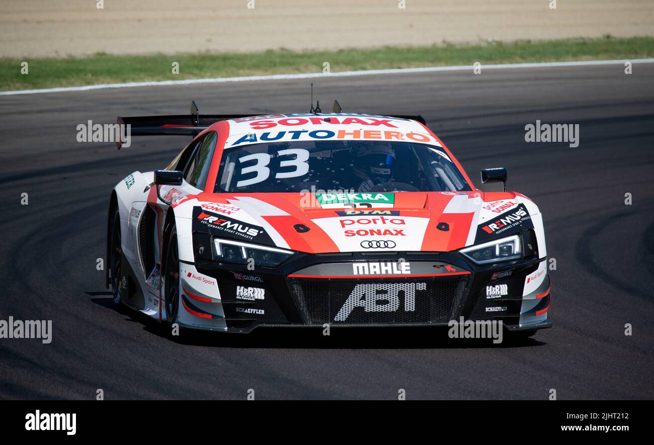 Audi R8 GT racing super car action fast drive on asphalt race track ...