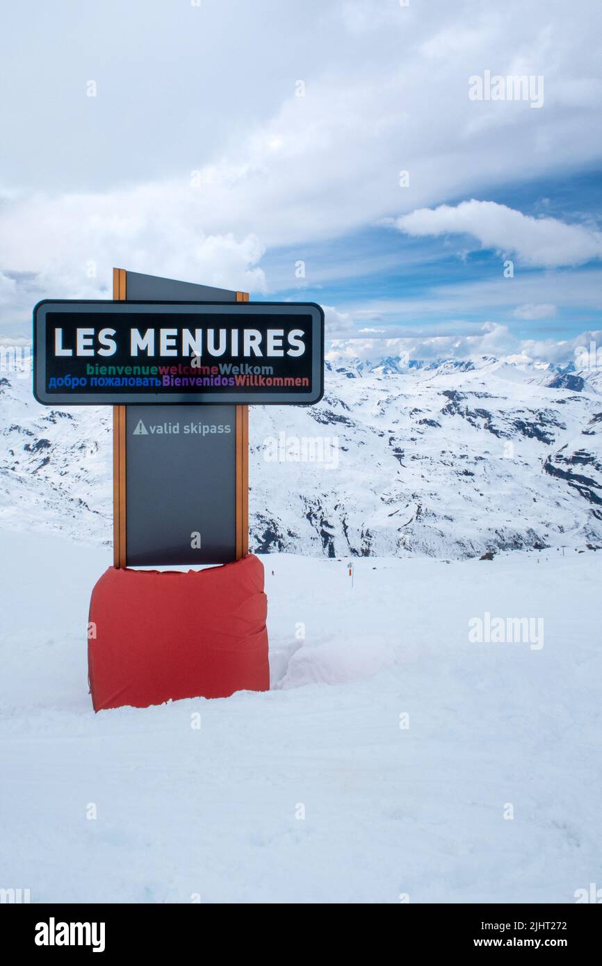 Les Menuires, France, April 5 2022, signpost to luxury town les ...
