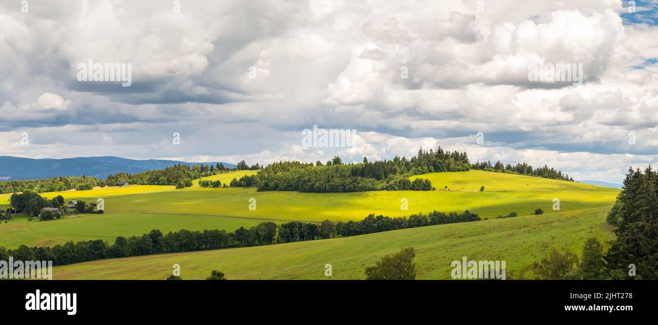 countryside landscape with hill, field and forest, Orlicke mountains ...