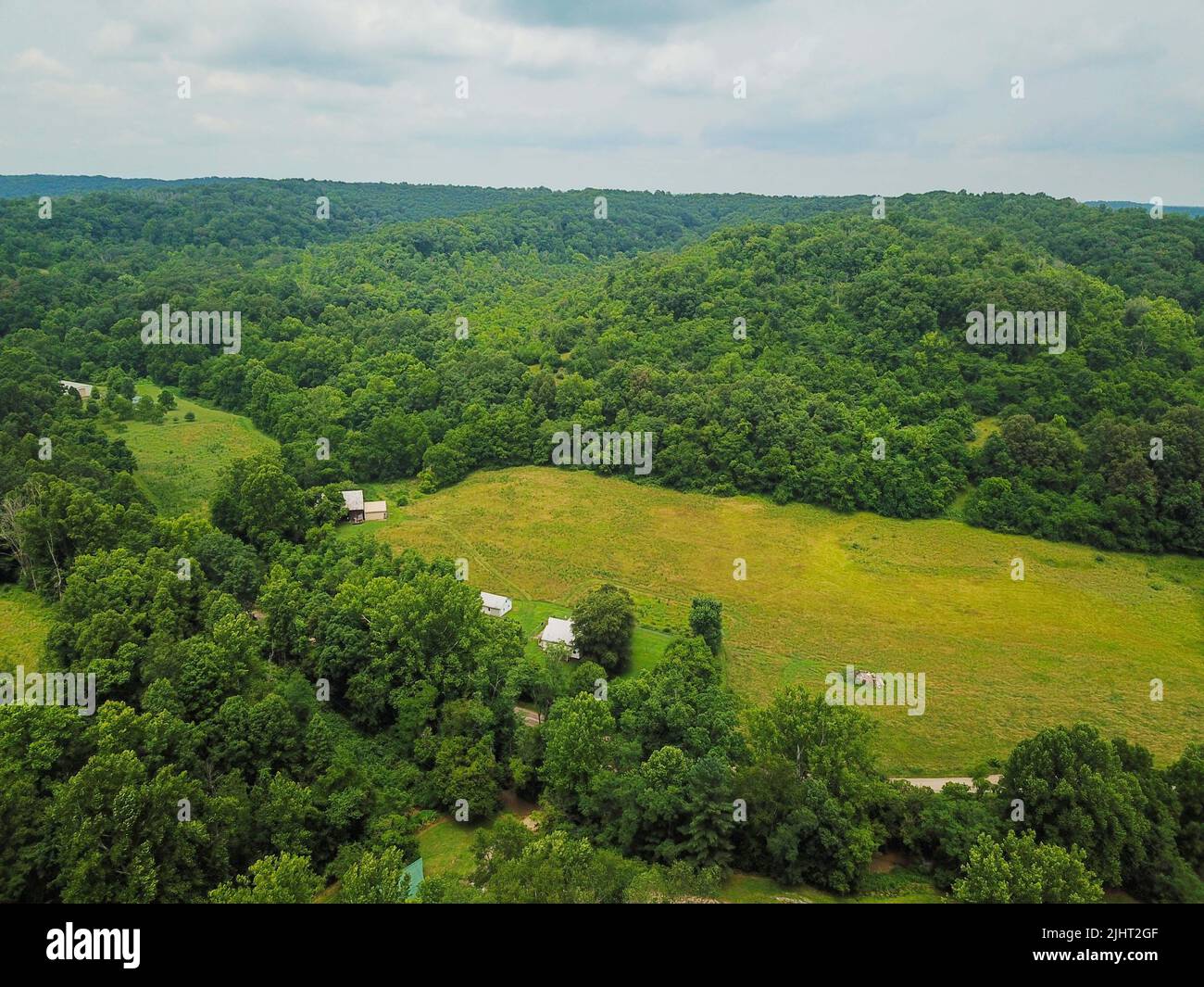 An aerial view of a field surrounded by trees Stock Photo - Alamy