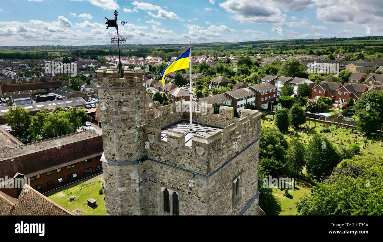 A high view of a castle with cross and Ukraine flag Stock Photo - Alamy
