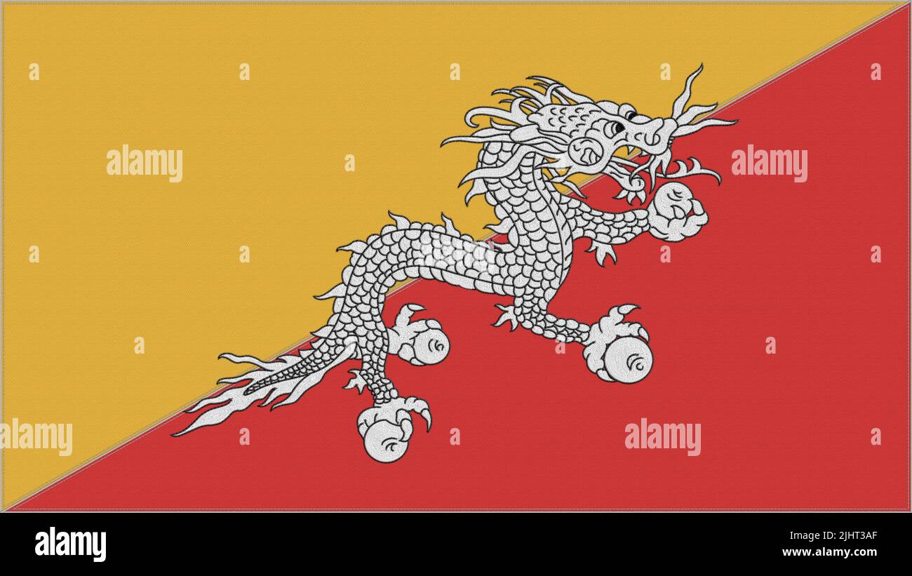 Bhutan embroidery flag. Bhutanese emblem stitched fabric. Embroidered ...