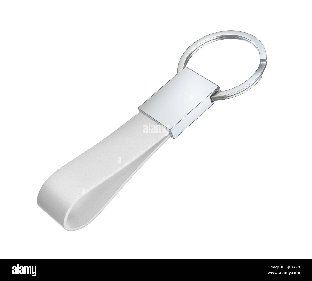 Silver keychain with white leather strap, isolated on white background ...
