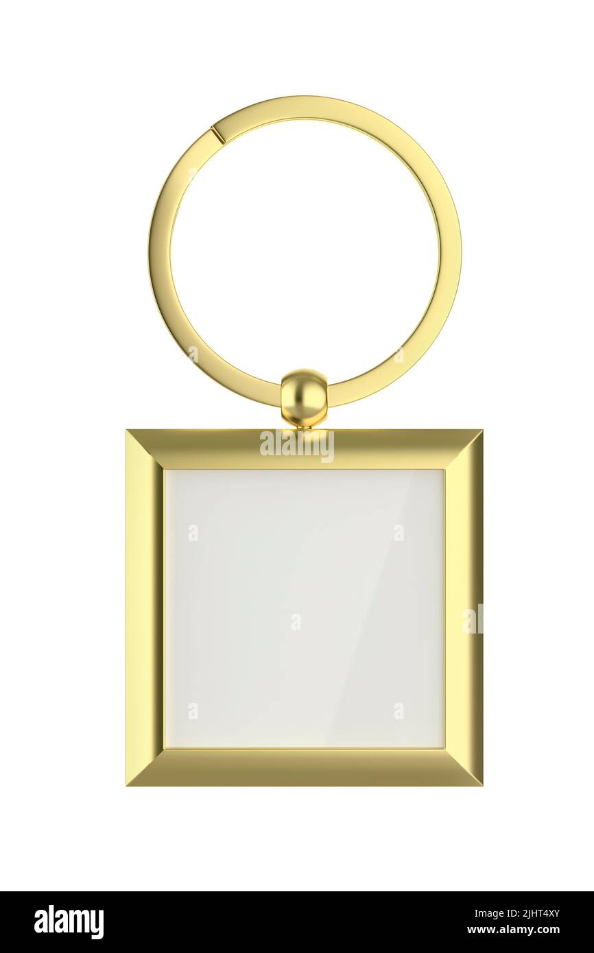 Front view of square gold keychain isolated on white background Stock ...