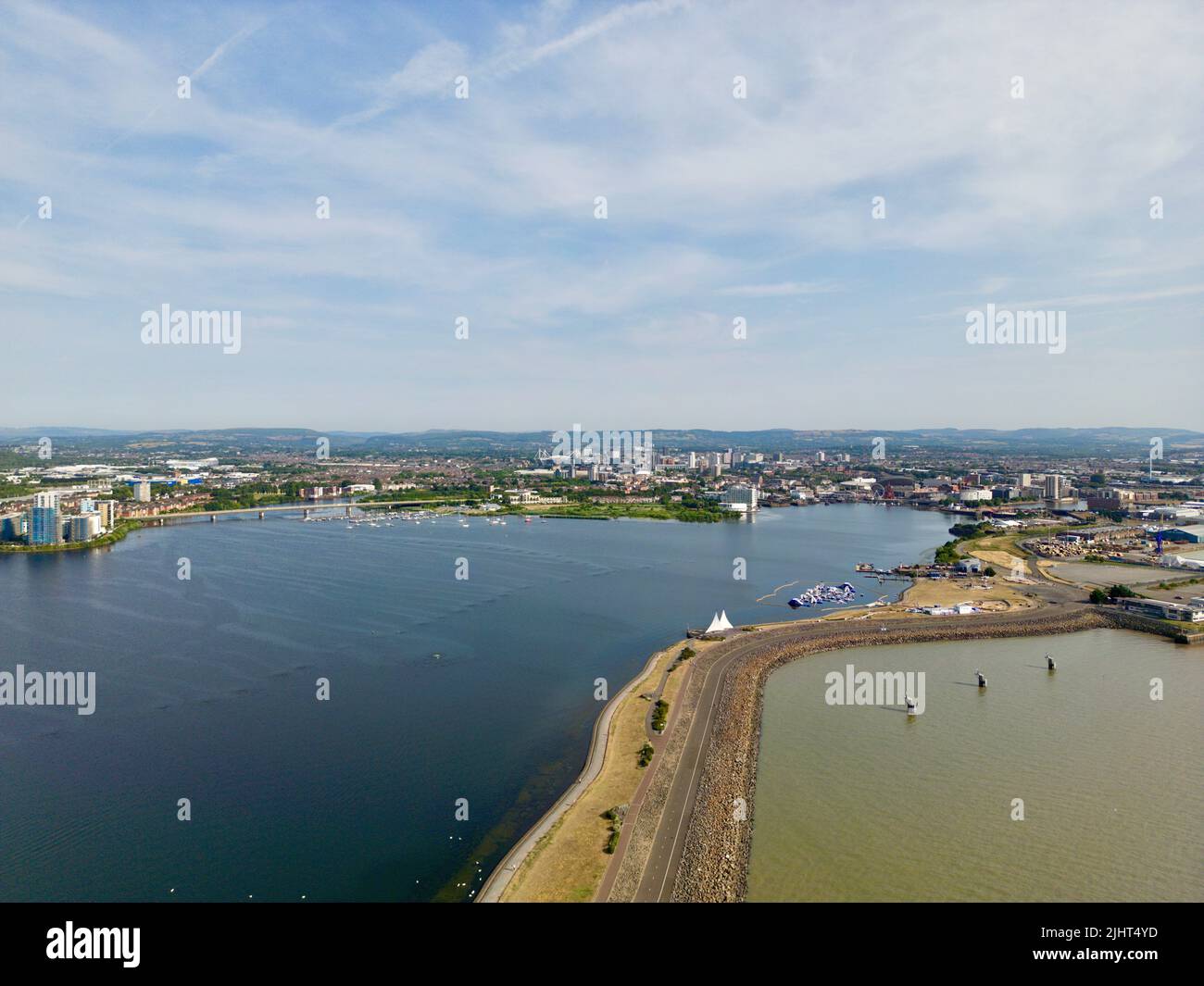 An aerial view of Cardiff city from the barrage keeping Cardiff bay ...