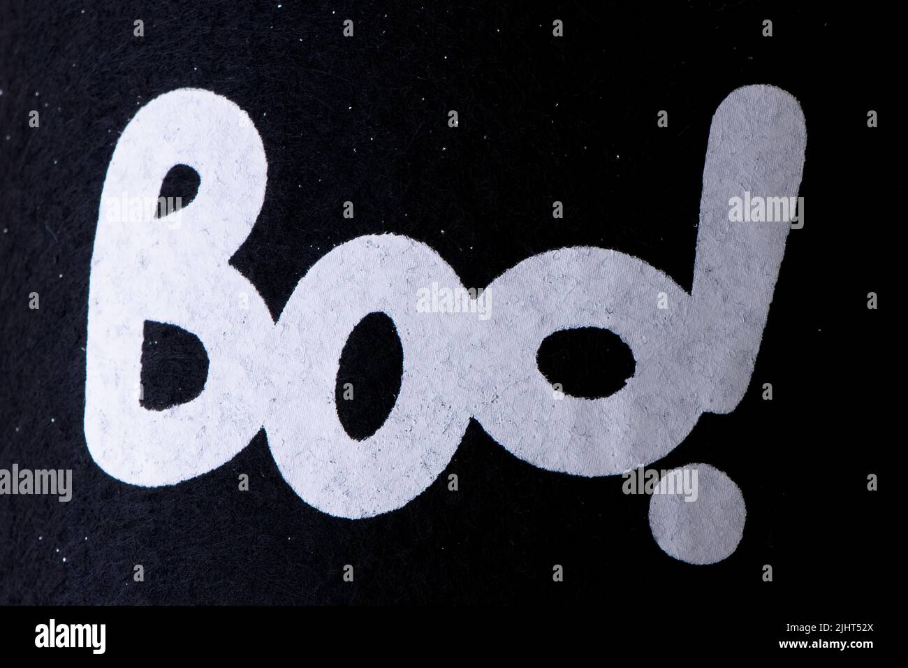 The word Boo in white on black for Halloween concept Stock Photo - Alamy
