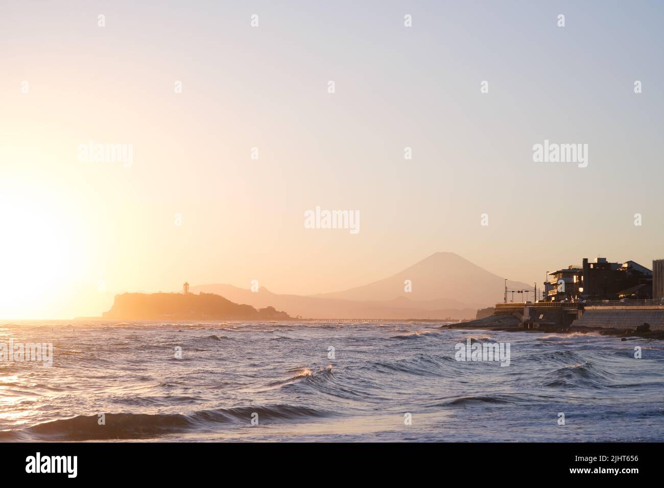 A beautiful sunset at the beach in Kamakura with splendid views of Mt ...