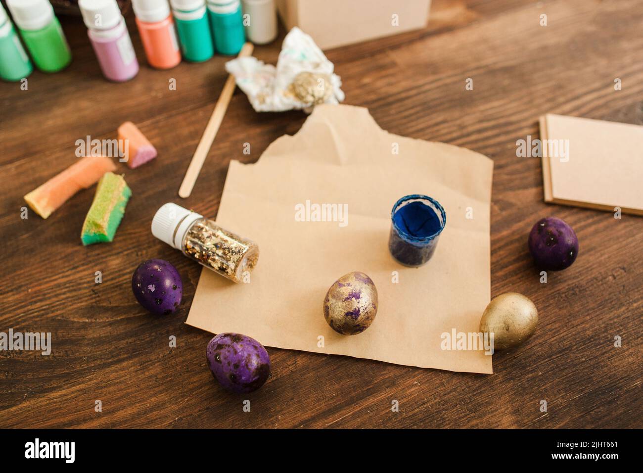 Easter decor masterclass painting eggs top view Stock Photo - Alamy