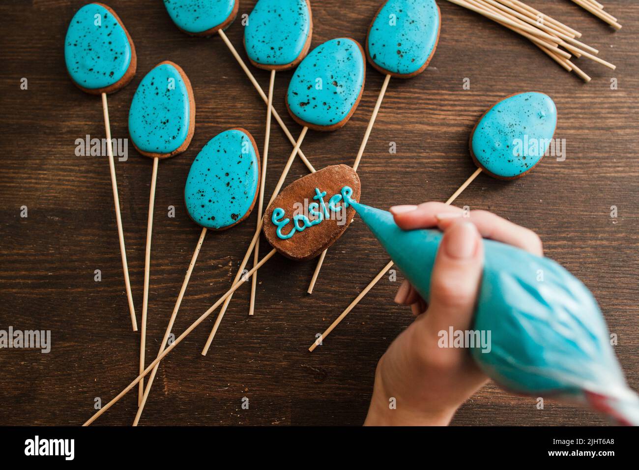 Making easter blue cake pops. Culinary decor Stock Photo - Alamy