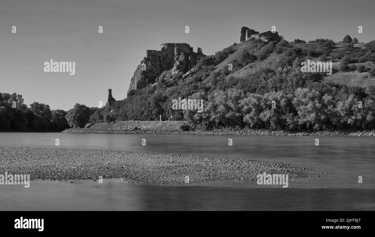 Devin castle ruins and Danube river in Slovakia In black and white ...