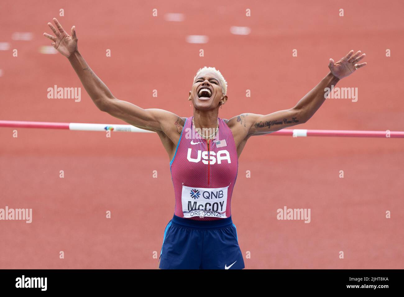 Rachel McCoy (USA) reacts to clearing 6’ 2.75” (1.90) in the ...