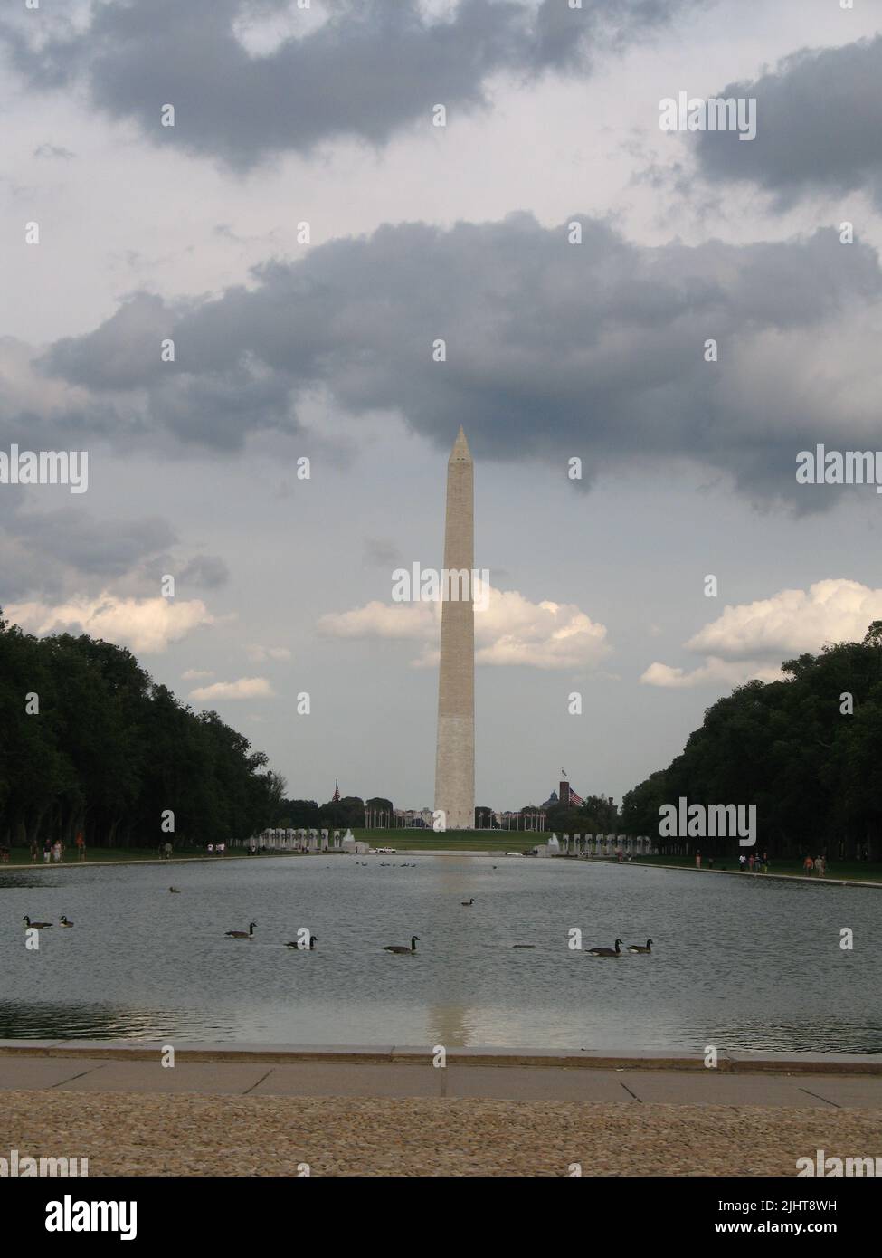 View of the Washington Monument over the Lincoln memorial reflection ...