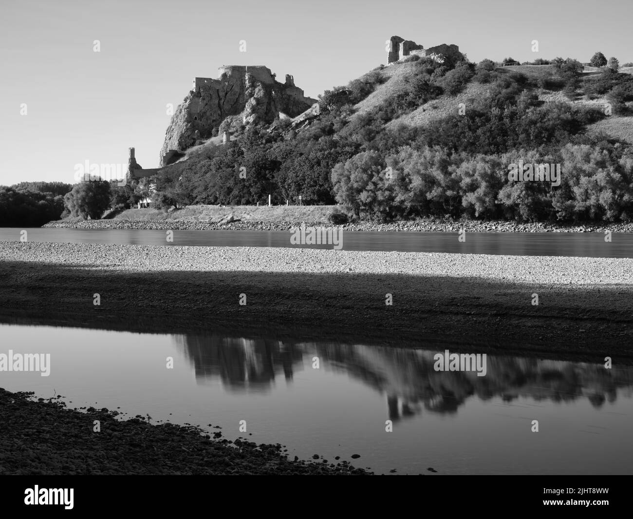 Devin castle ruins and Danube river in Slovakia In black and white ...