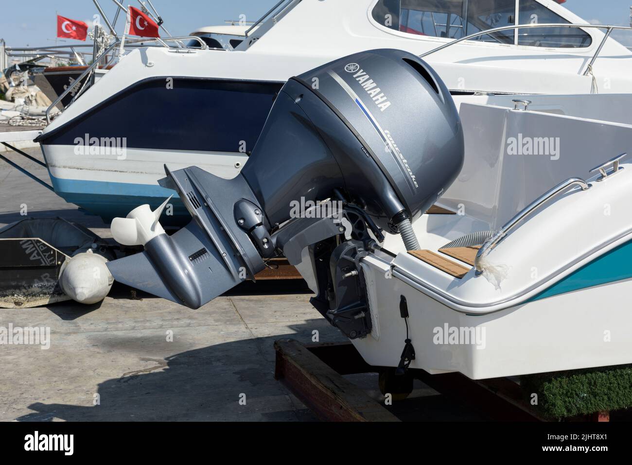ISTANBUL, TURKEY - JULY 11, 2022: Yamaha fourstroke Outboard motors on ...