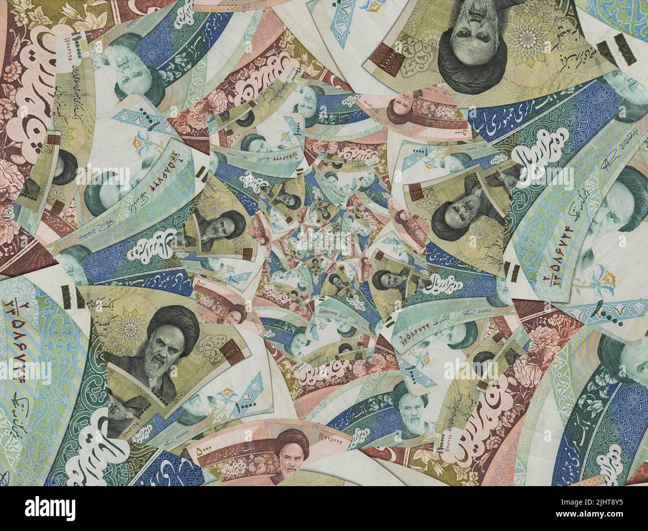 A spiral background made of Iranian Rial money, inflation and financial ...