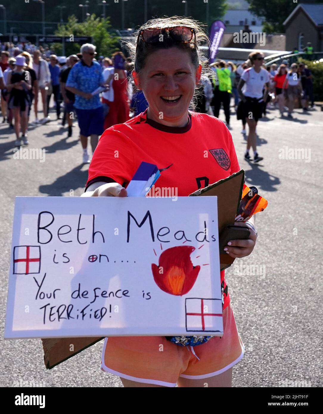 An England fan with a 'Beth Mead is on fire' sign ahead of the UEFA ...