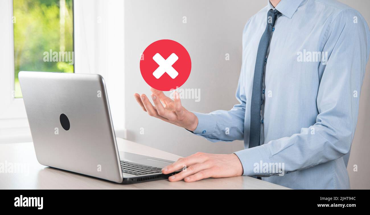 Hand holds icon,cancellation symbol,cancel icon.Cross mark flat red ...