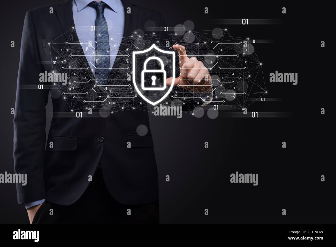 Protection network security computer and safe your data concept, Businessman holding shield ...