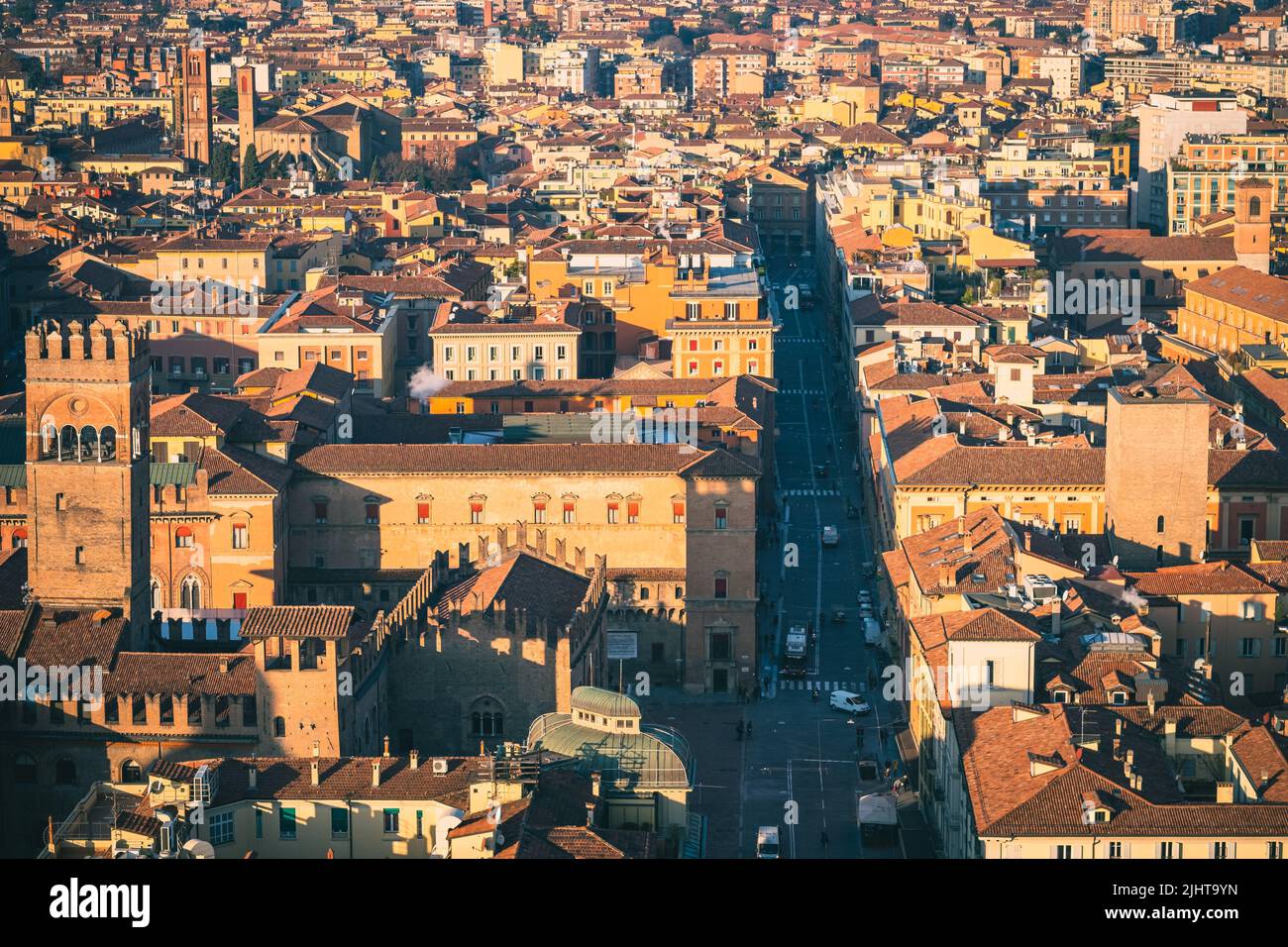 A bird's-eye view of the colorful rooftops of Bologna, Italy in the ...