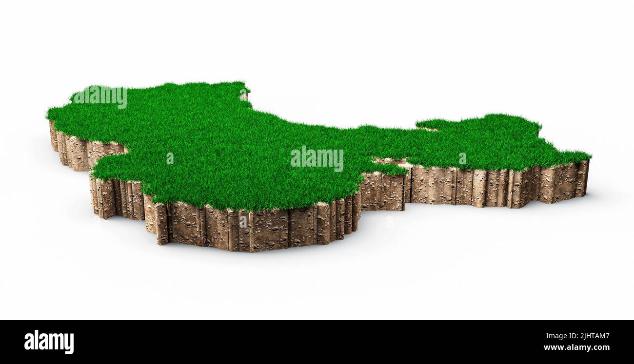 A 3d illustration of the China Map with green grass and Rock ground ...