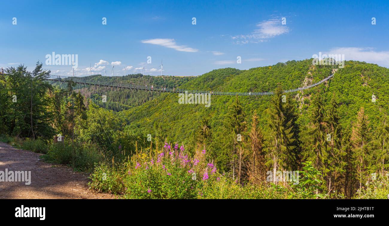 Moersdorf, Germany: August, 1. 2020: Geierlay suspension rope bridge, a ...