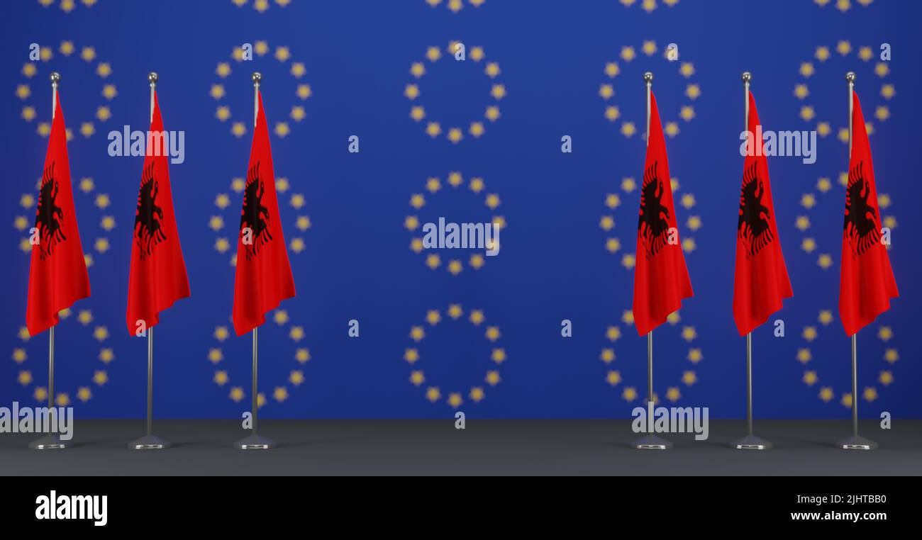 Albania Summit or meeting concept, Albania flags on the Europe flag ...