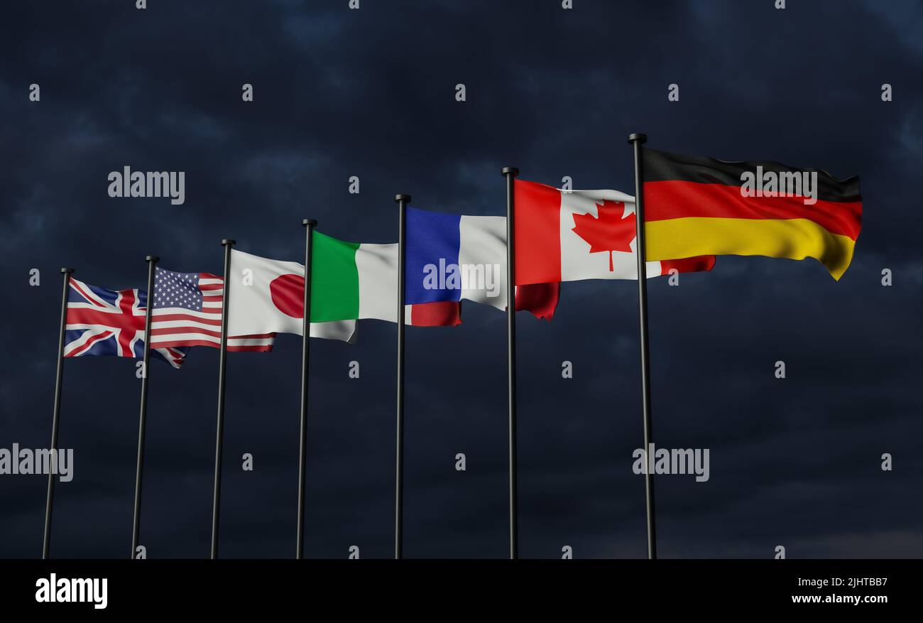G7 summit, flags of members of G7 group of seven and list of countries ...