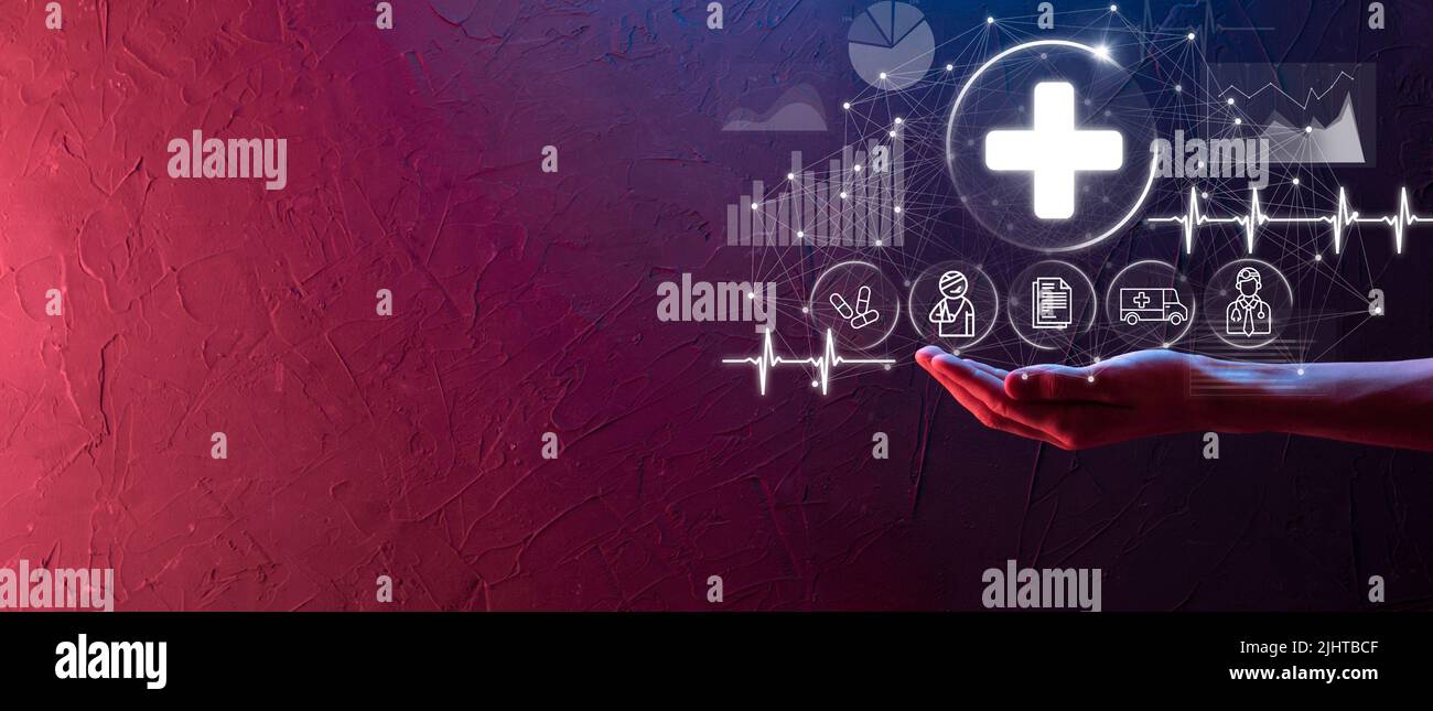 Businessman hold virtual plus medical network connection icons. Covid ...