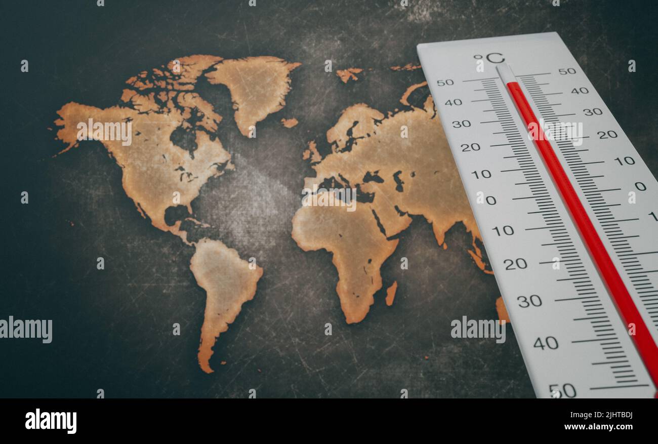 Global warming, Heat wave in the world, Thermometer in front of map ...