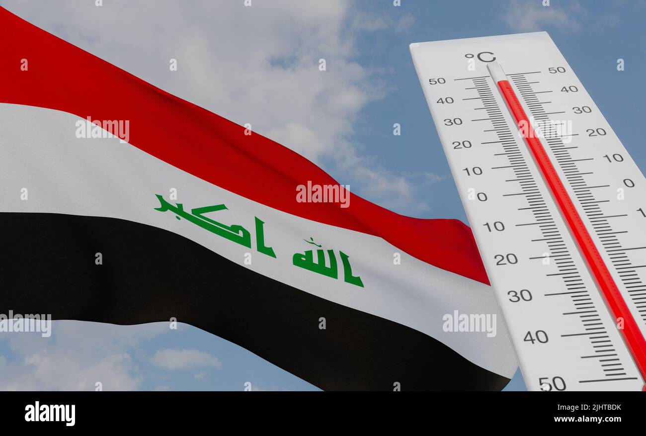 Heat wave in Iraq, Thermometer in front of flag Iraq and sky background ...