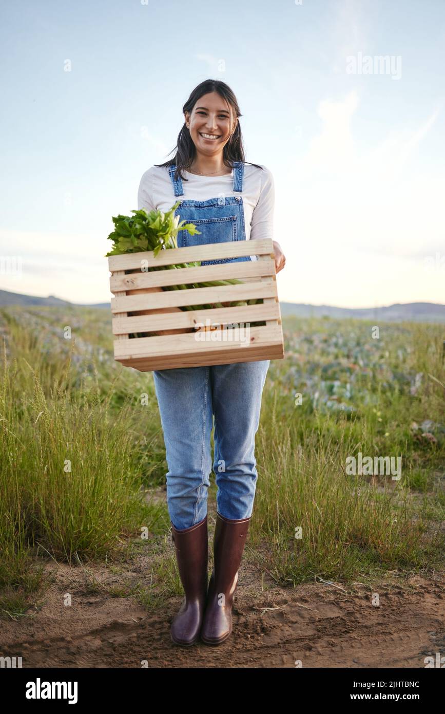 Portrait of a woman farmer holding a wooden box of fresh vegetables ...