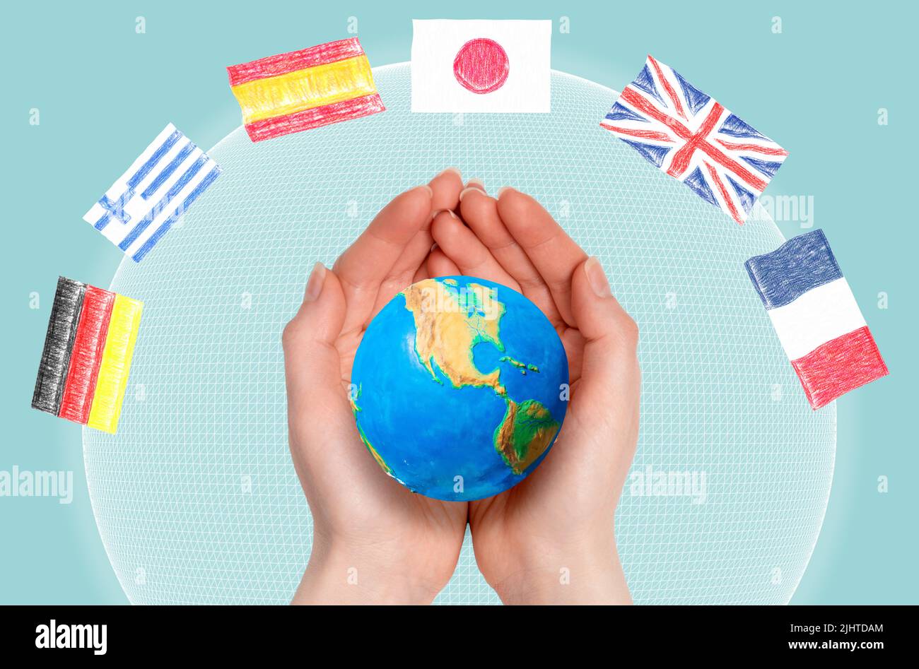 Multilingual culture and international interpreter. Woman's hands hold ...