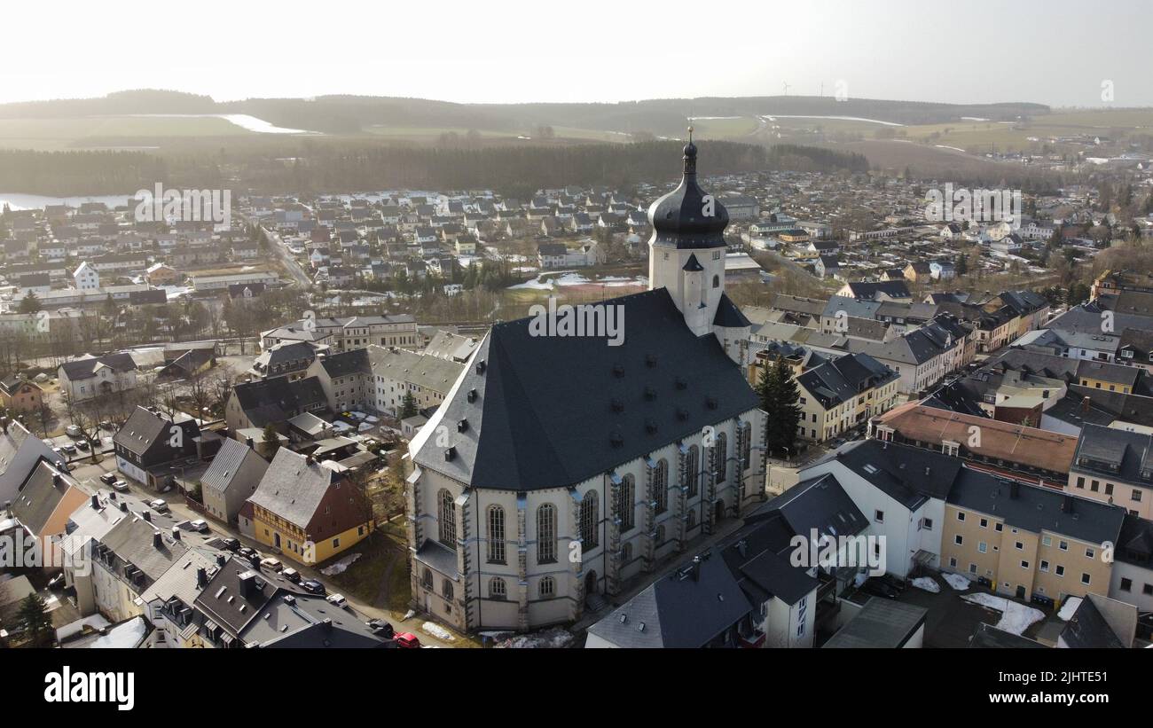 An aerial view of a church in Bad Lobenstein in Thuringia, Germany ...