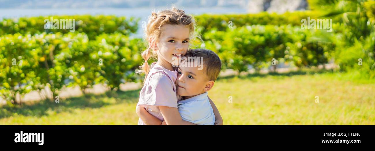 BANNER, LONG FORMAT Portrait of two cute adorable baby children ...