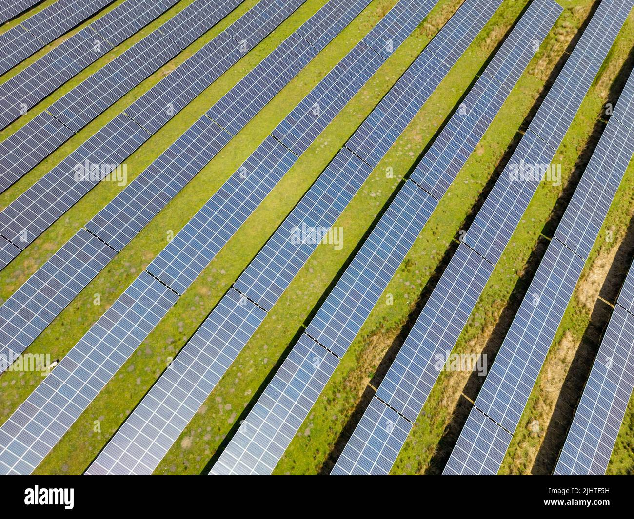 Aerial view of rows of solar panels instaked in a farm field. No people ...