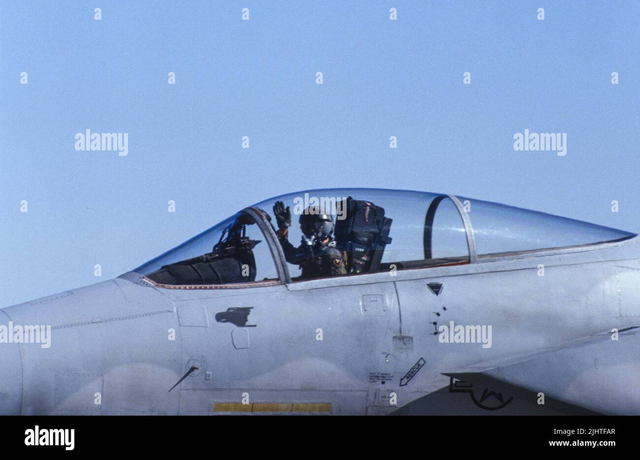 F-15C pilot waves while taxing at Edwards Air Force Base in California ...