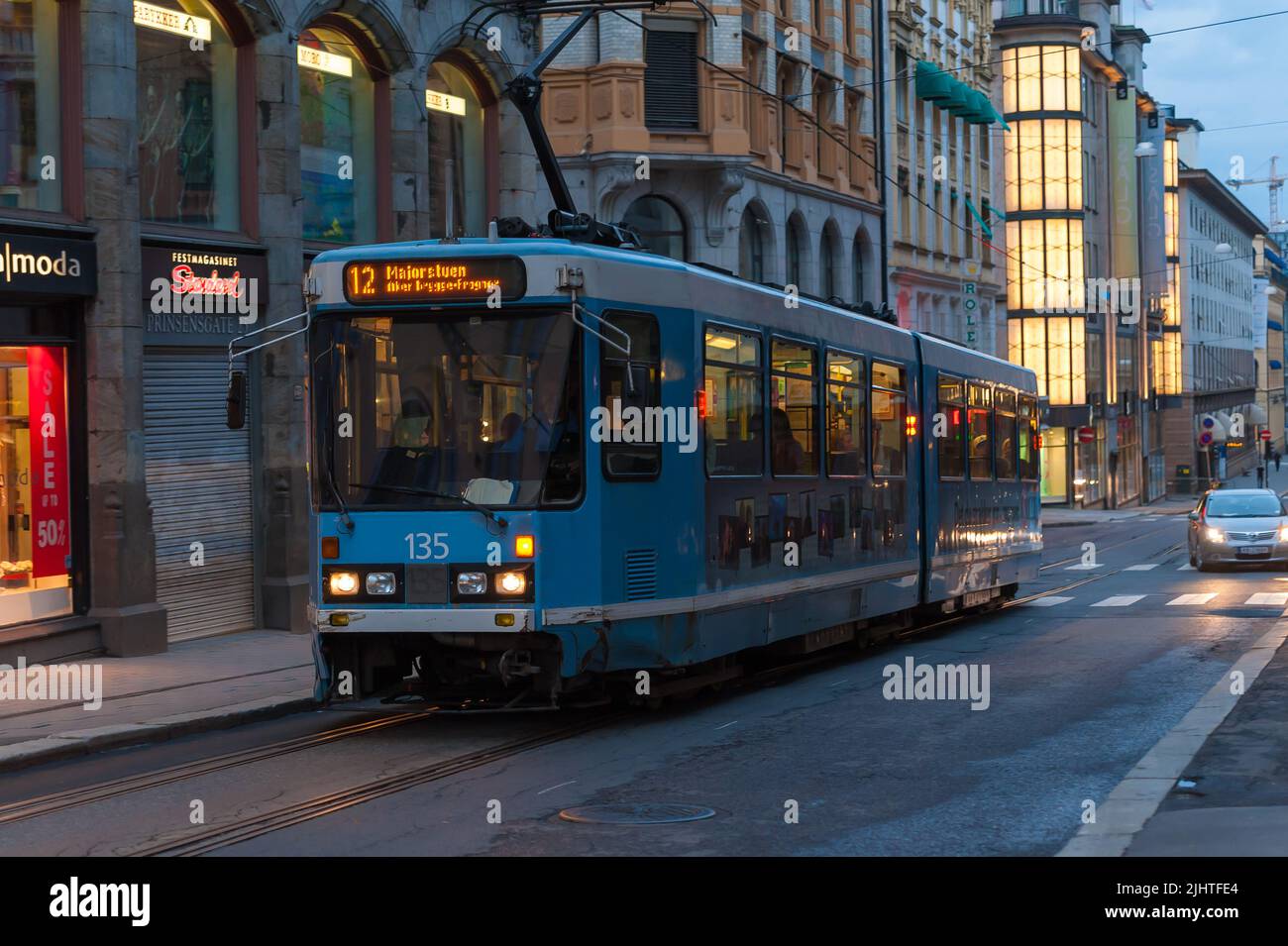 Oslo, Norway - July 23 2011: Tram 12 to Majorstuen passing Prinsensgate ...
