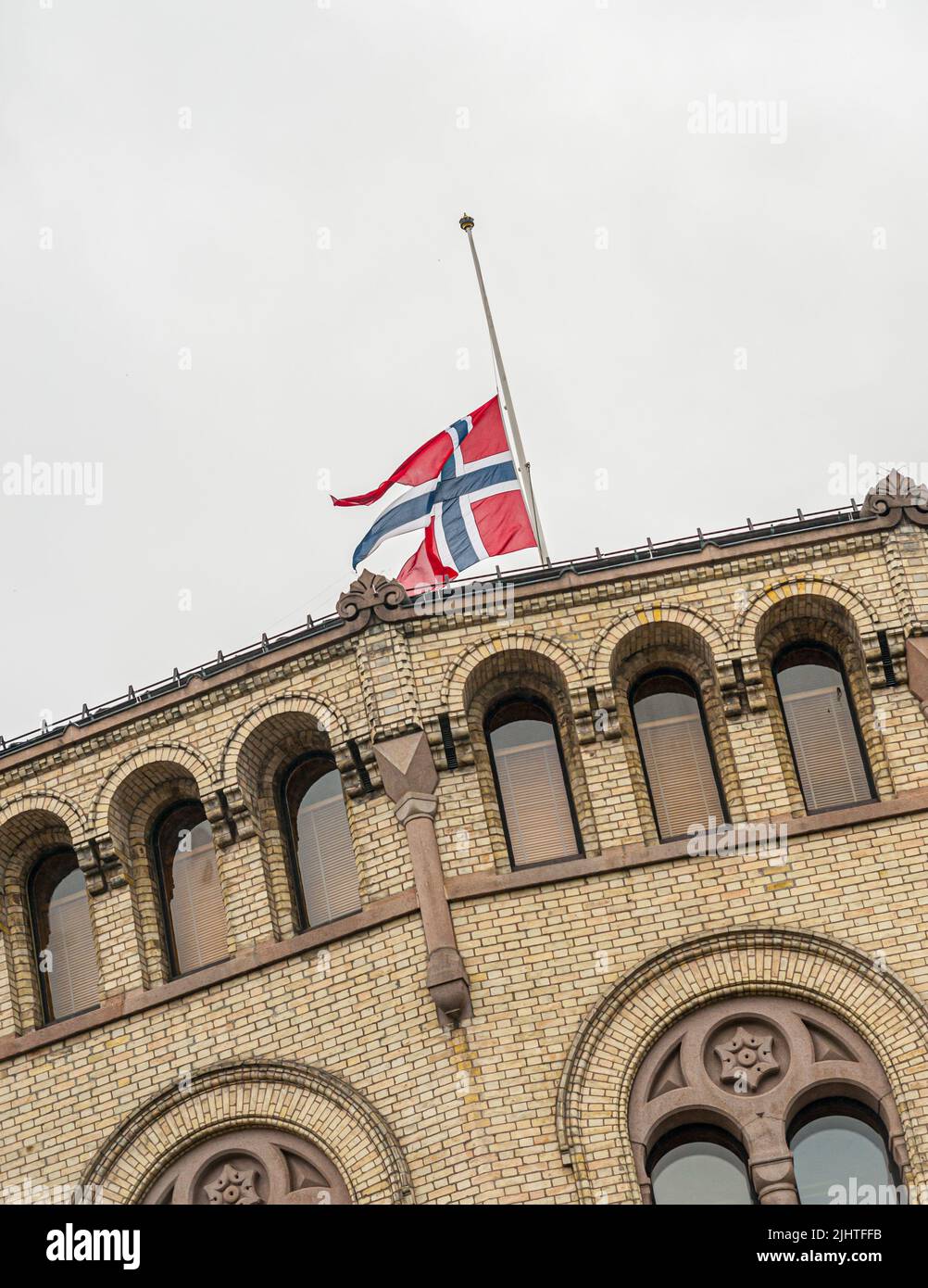 Oslo, Norway - July 24 2011: Flag flying at half-staff at the ...