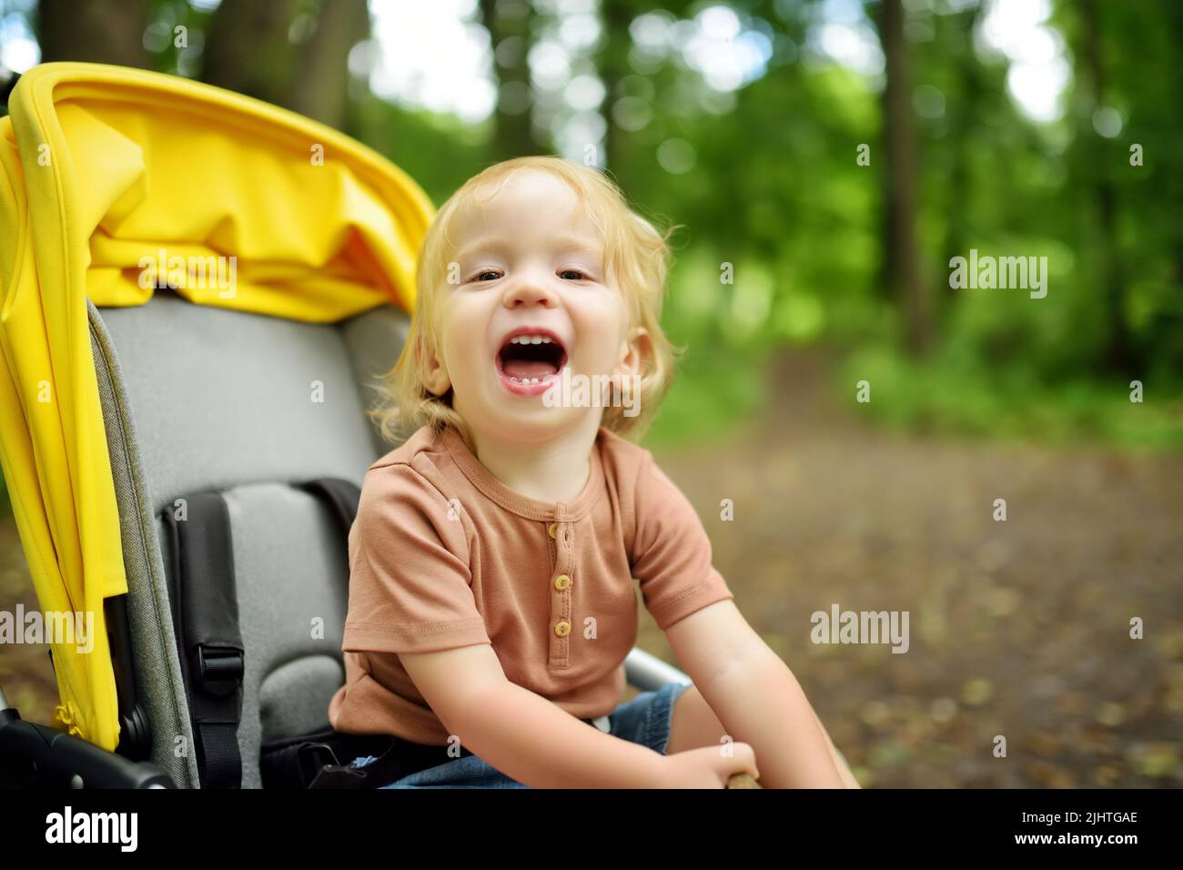 Sweet toddler boy sitting in a stroller outdoors. Little child in pram ...