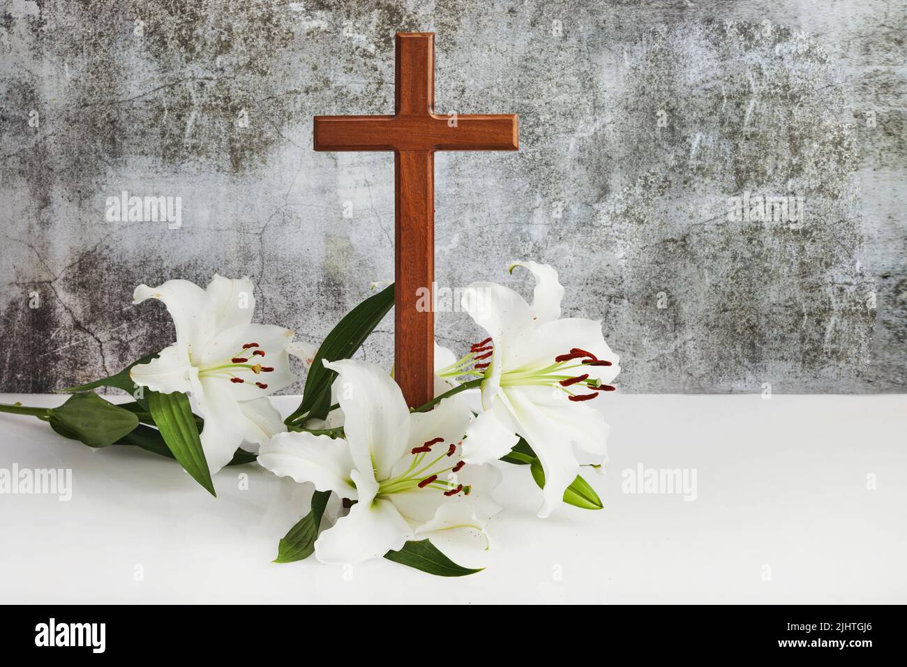 Cross with lilies isolated on grey background Easter, baptism card ...