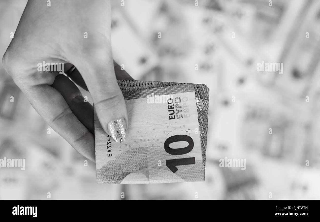 EURO banknote, photo of EUR currency. EUR money inflation in Europe ...