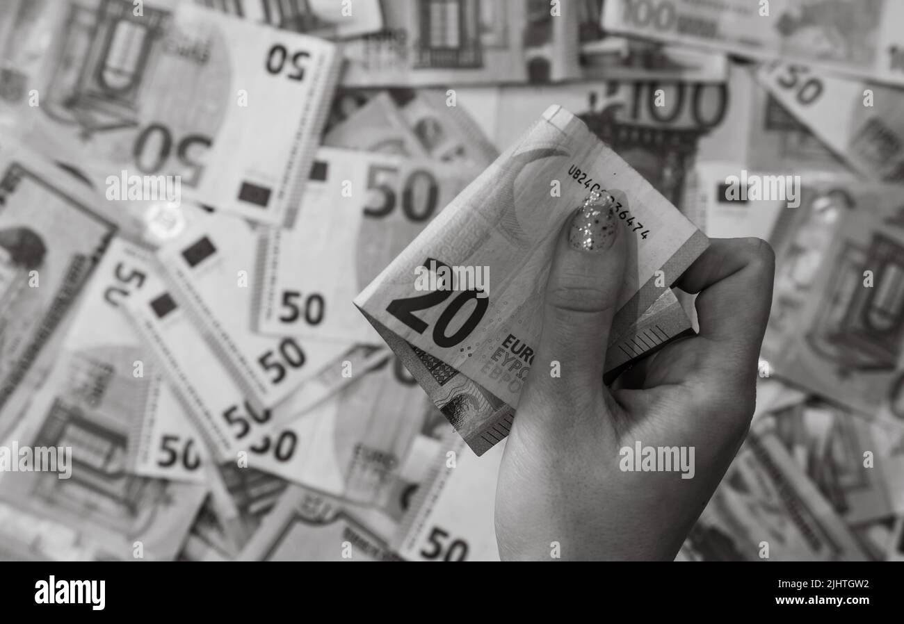 EURO banknote, photo of EUR currency. EUR money inflation in Europe ...