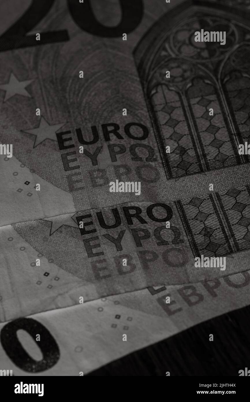 EURO banknote, photo of EUR currency. EUR money inflation in Europe ...