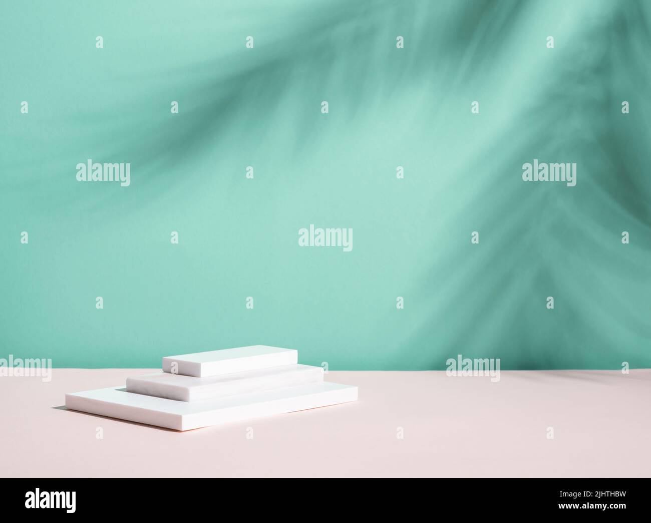 Abstract podium pedestal from white marble, blue menthol empty ...