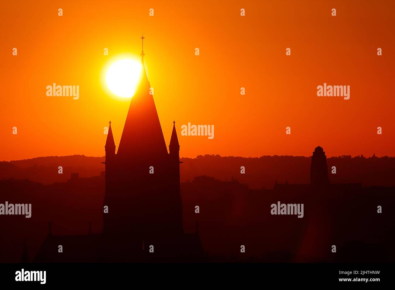 The sun rising behind St Bartholomews Church in Wortley,Leeds,West ...