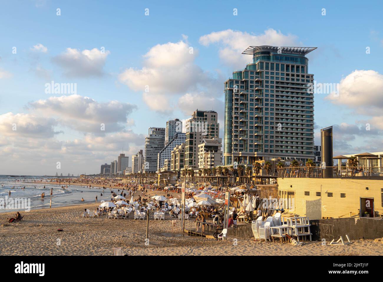 Tel-Aviv, Israel - 20.07.2022, skyline and sand beaches of Tel Aviv ...