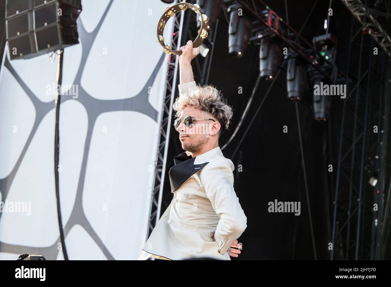 Singer Marlon Magnee of the band Le Femme performs on stage at MadCool ...