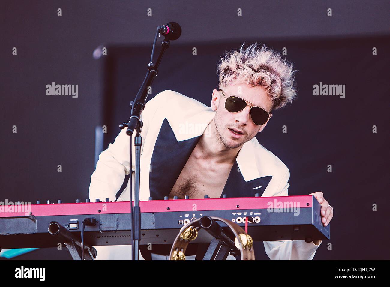 Singer Marlon Magnee of the band Le Femme performs on stage at MadCool ...