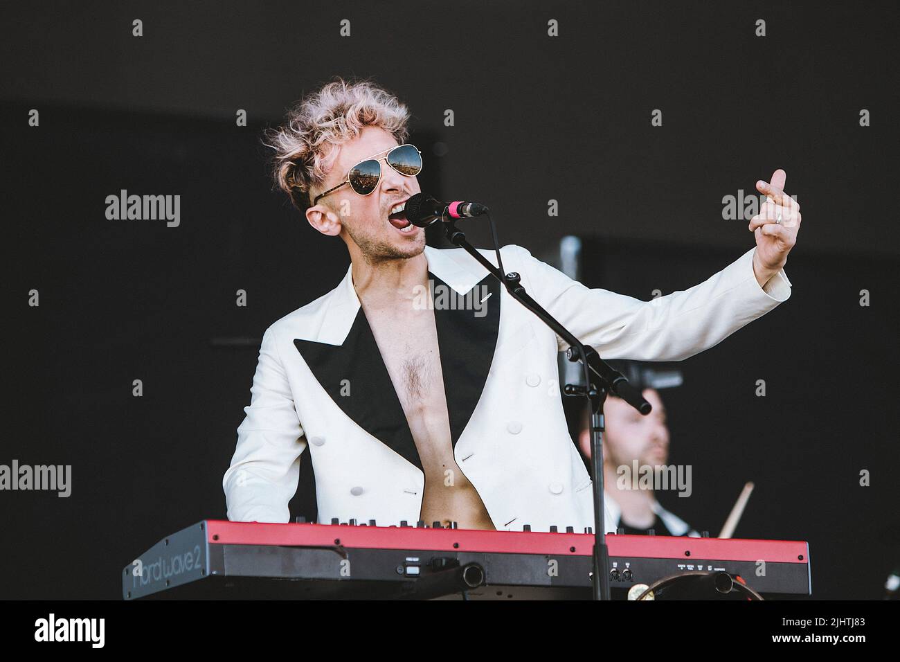 Singer Marlon Magnee of the band Le Femme performs on stage at MadCool ...